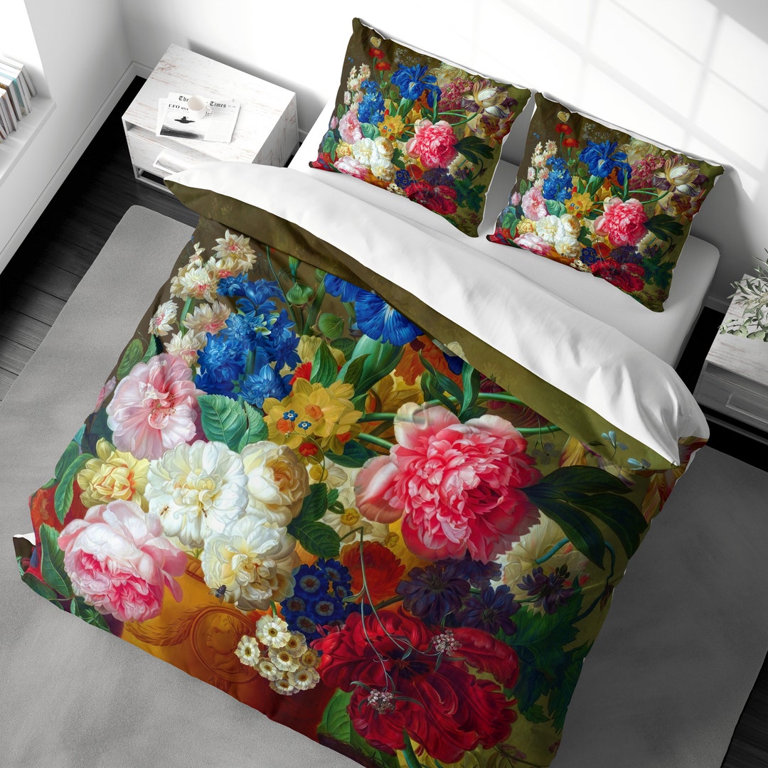 Painterly Dark Flower Duvet Cover Cottagecore Farmhouse Luxury Bedding ...
