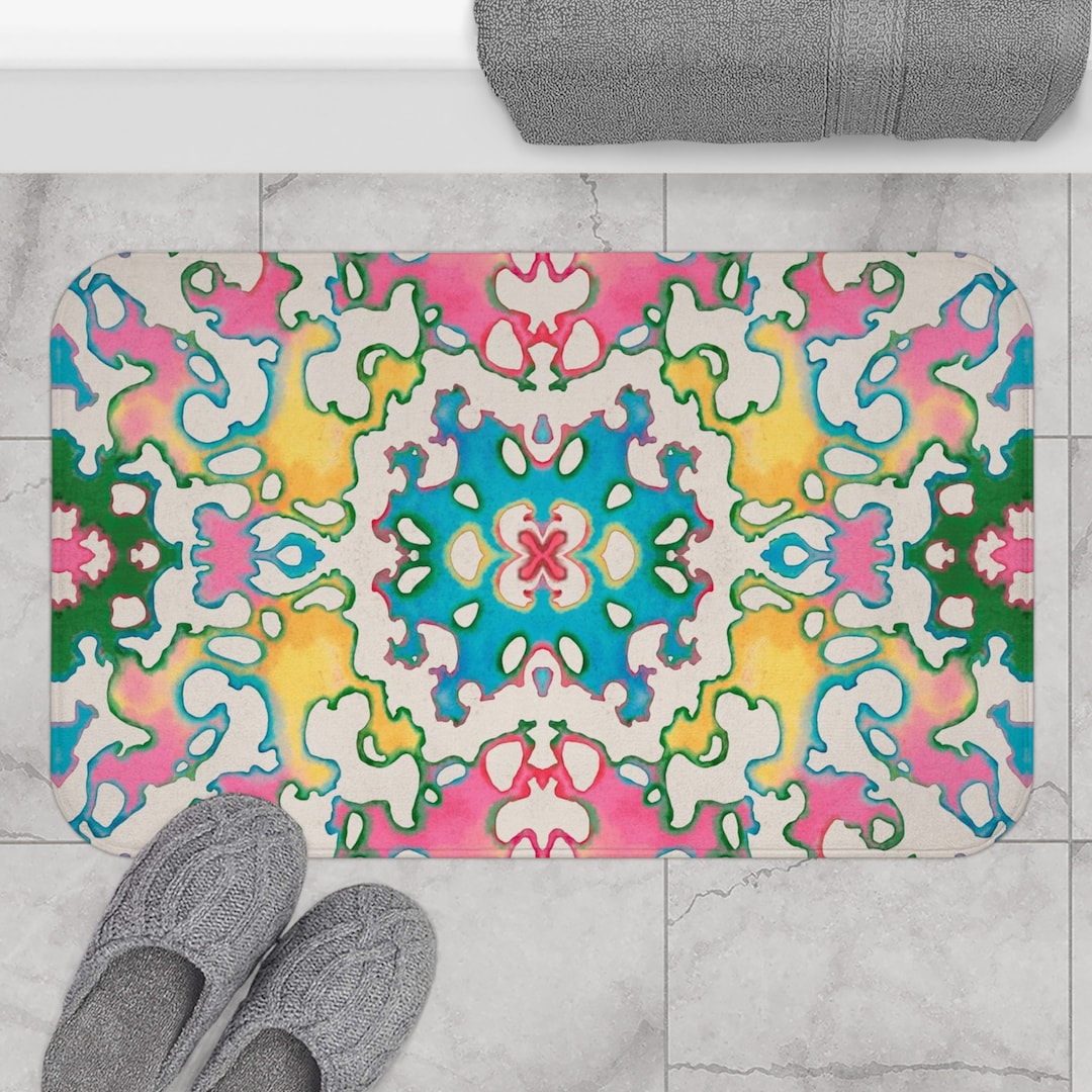 Colorful Bath Mat Farmhouse Abstract Folk Art Bathroom Decor Non-slip ...
