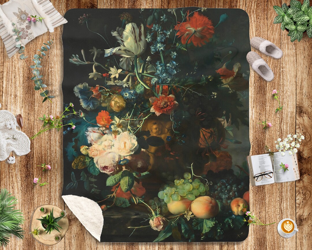 Cottagecore Blanket Painterly Dark Flower Blanket Retro Farmhouse ...