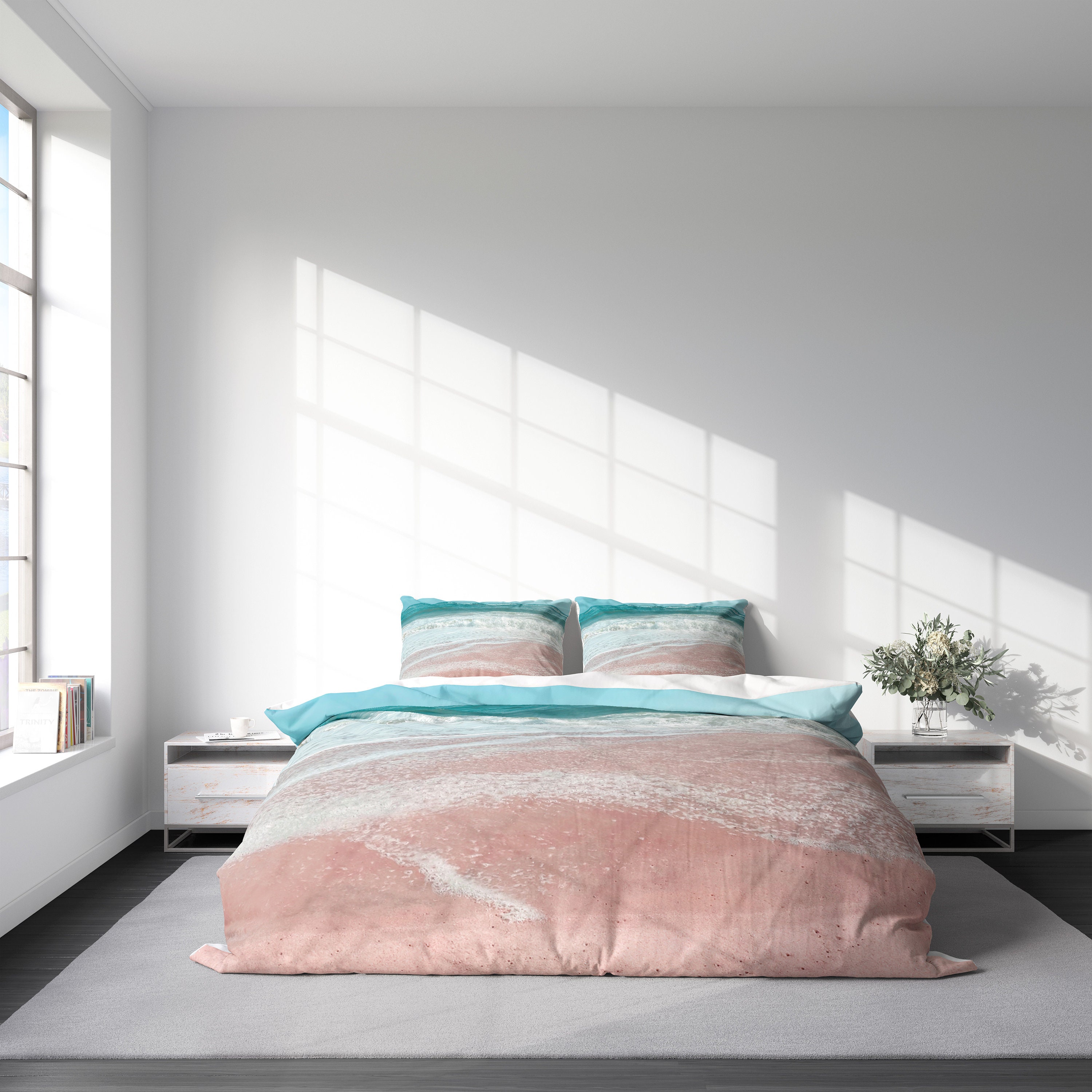 Pink Beach Duvet Cover Set Pastel Beach Sea Foam Bedding Summer ...
