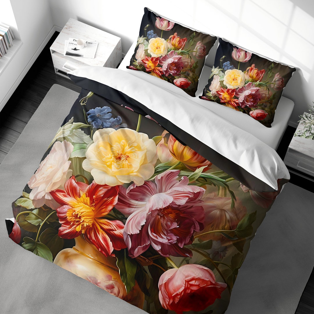 Painterly Dark Flower Duvet Cover Cottagecore Farmhouse Luxury Bedding ...