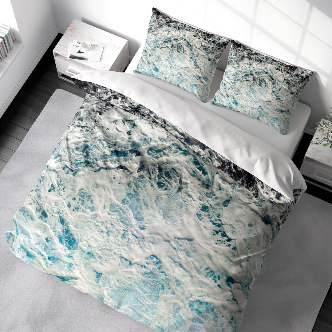 Coastal Duvet Cover Set Water Texture Oceanic Beach Bedding, Sea Foam ...