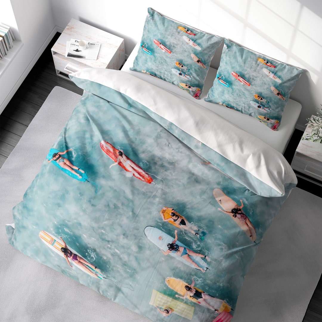 Surf Beach Duvet Cover Hawaii Surfer Luxury Bedding Set. Aqua Blue ...