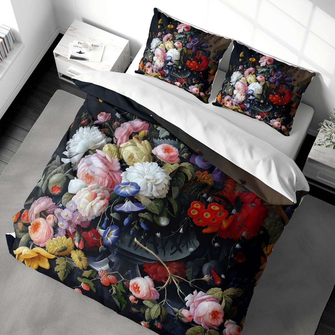 Painterly Dark Flower Duvet Cover Cottagecore Farmhouse Luxury Bedding ...