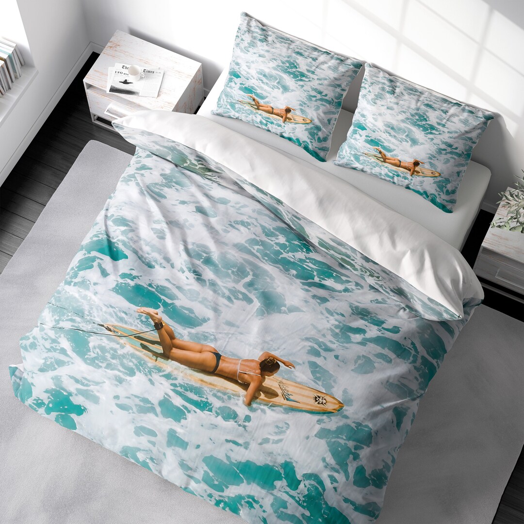 Surf Beach Duvet Cover Hawaii Beach Luxury Bedding Set. Aqua Blue ...