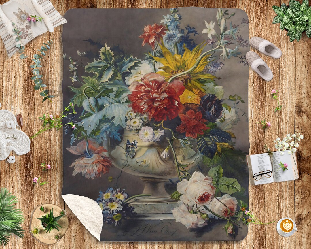 Cottagecore Blanket Painterly Dark Flower Blanket Retro Farmhouse ...