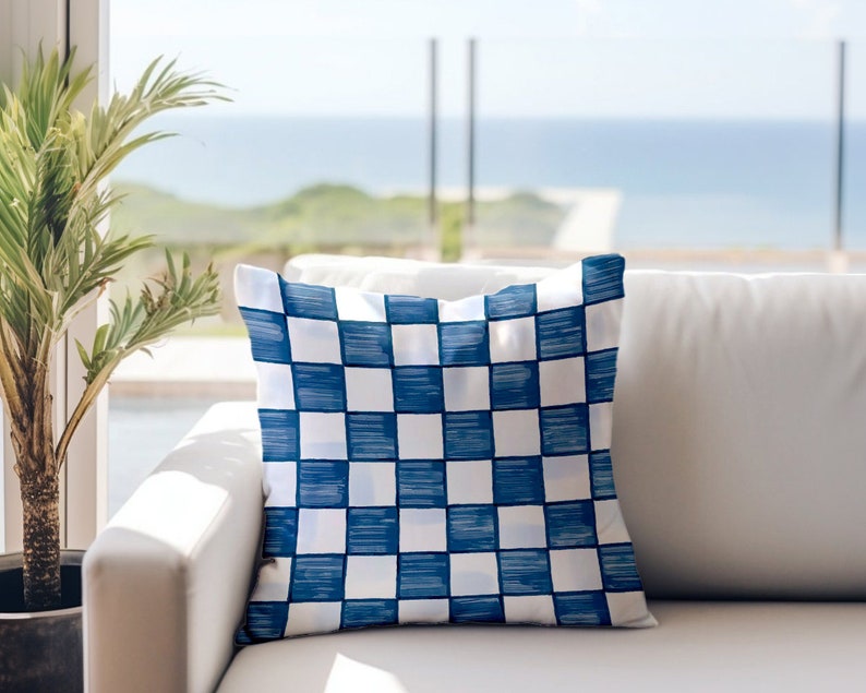 Indigo Checkered Accent Pillow Farmhouse Retro Checkerboard Decorative ...