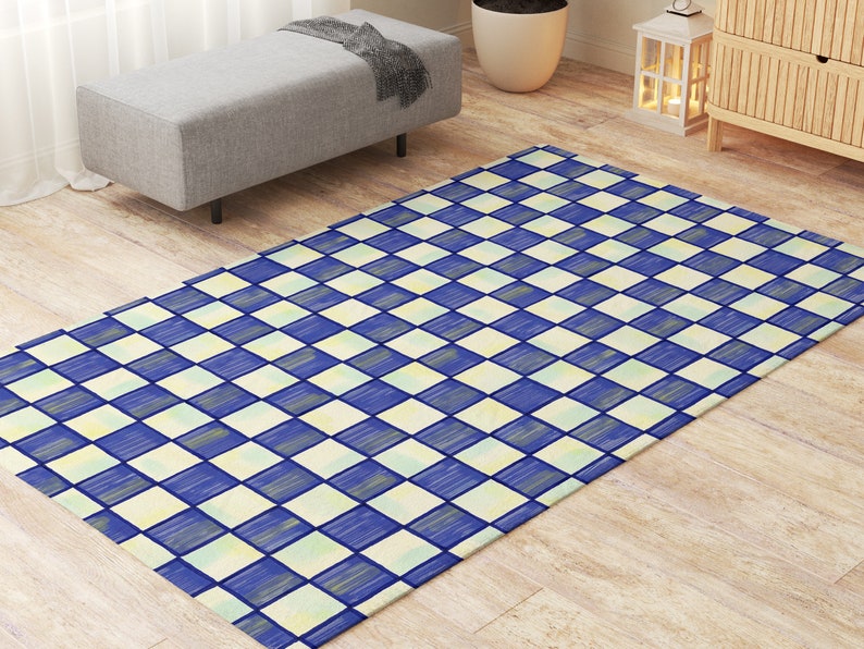 Retro Checkered Rugs Royal Blue Living Room Bedroom Rug. Retro 70's ...
