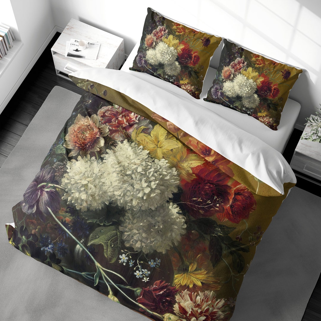 Painterly Dark Flower Duvet Cover Cottagecore Farmhouse Luxury Bedding ...