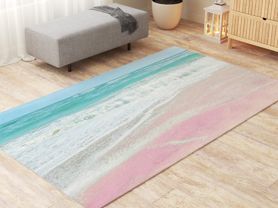 Pink Beach Rug Danish Pastel Pink & Blue Ocean Living Room Bedroom Rug ...