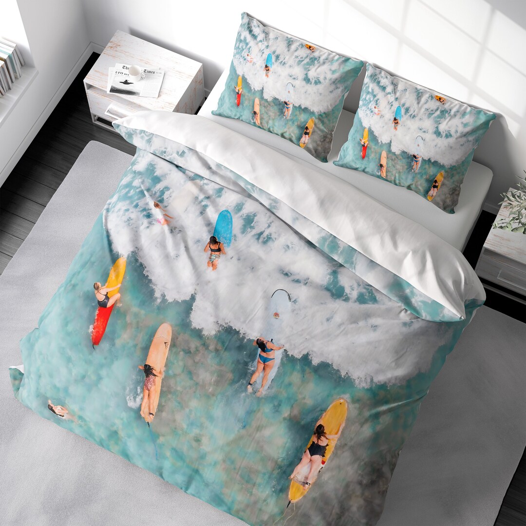 Surf Beach Duvet Cover Hawaii Beach Luxury Bedding Set. Aqua Blue ...