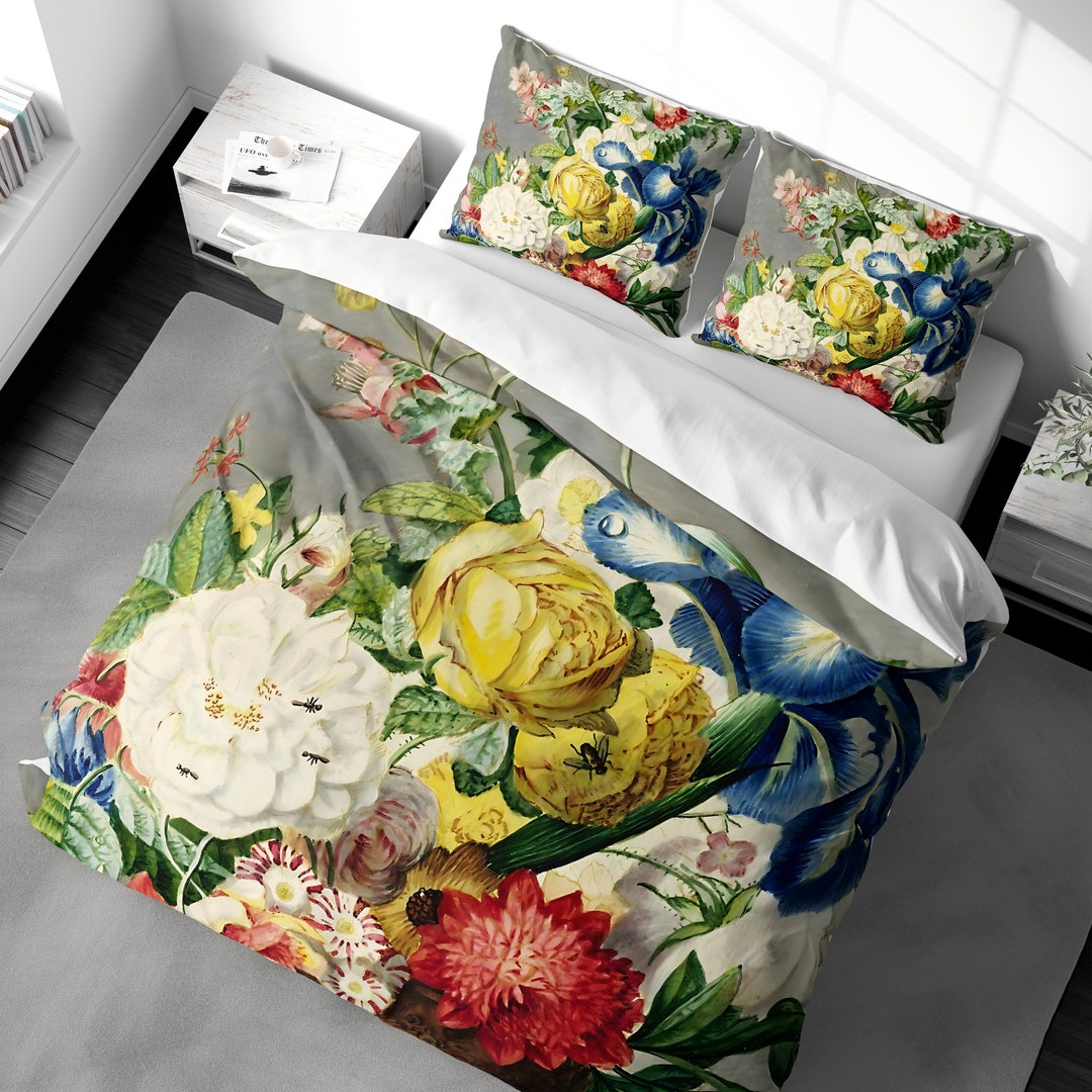 Painterly Dark Flower Duvet Cover Cottagecore Farmhouse Luxury Bedding ...