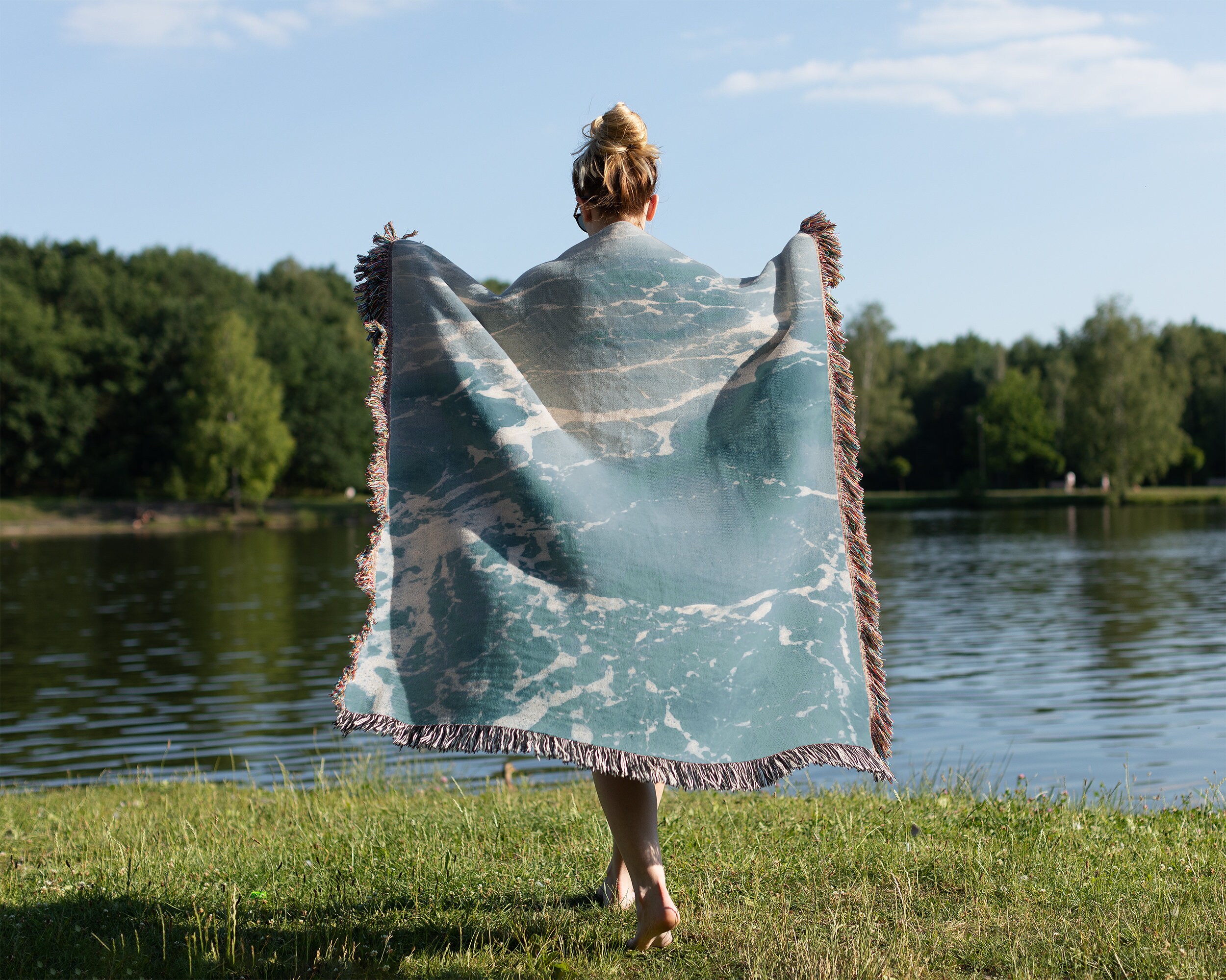 Coastal Woven Blanket Beach Water Texture 100% Cotton With Fringe ...