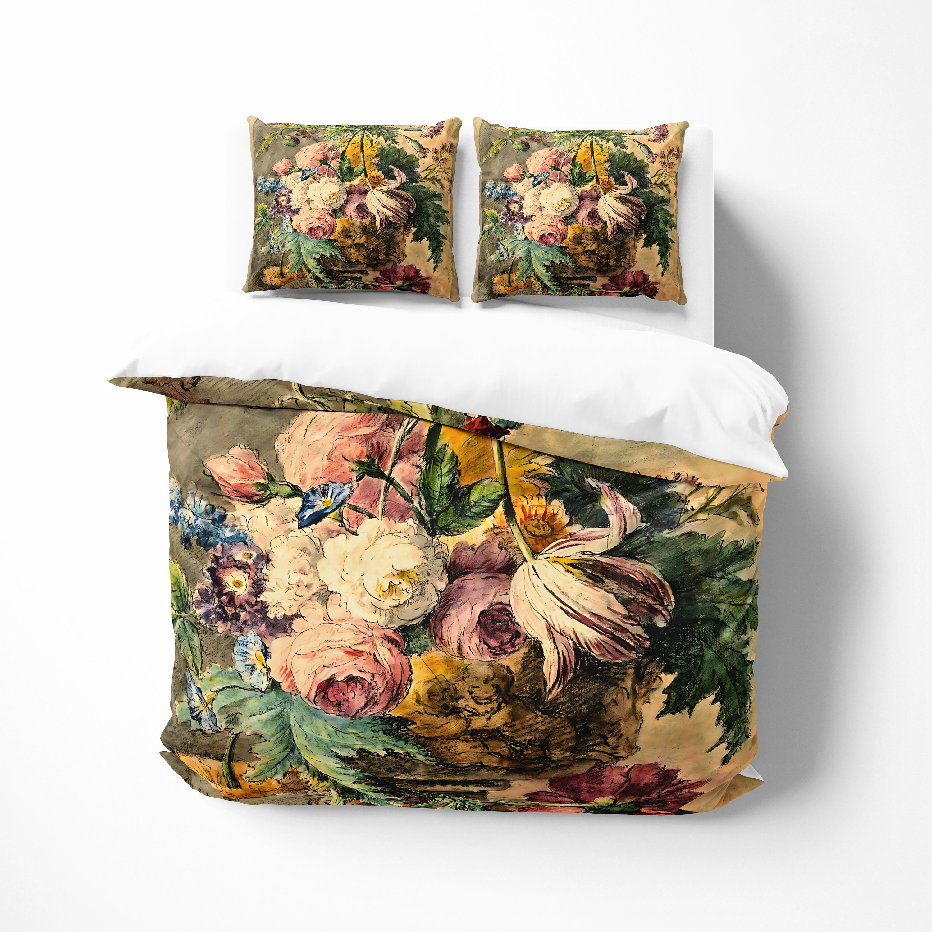 Painterly Dark Flower Duvet Cover Cottagecore Farmhouse Luxury Bedding ...