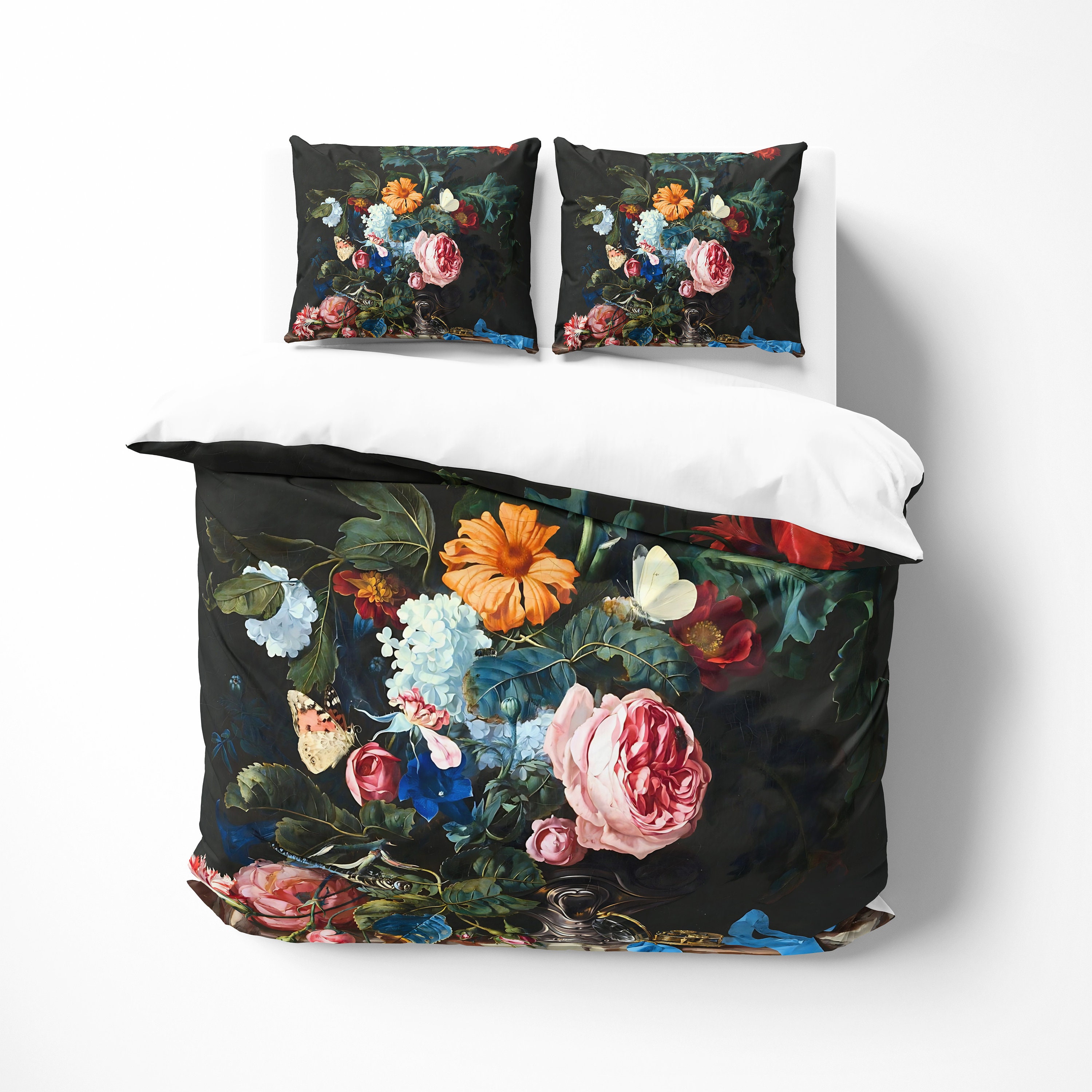Painterly Dark Flower Duvet Cover Cottagecore Farmhouse Luxury Bedding ...