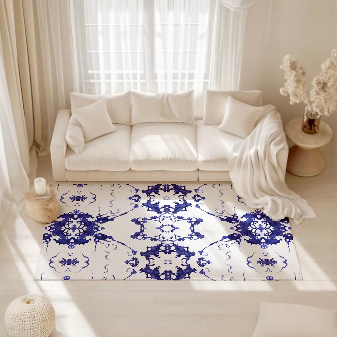 Classic Royal Blue White Rug Coastal Boho Hampton French Elegant ...