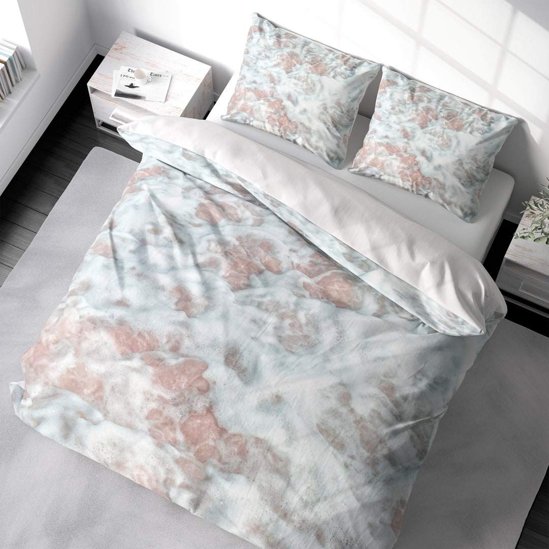 Pink Beach Duvet Cover Set, Pastel Beach Sea Foam Bedding Summer ...