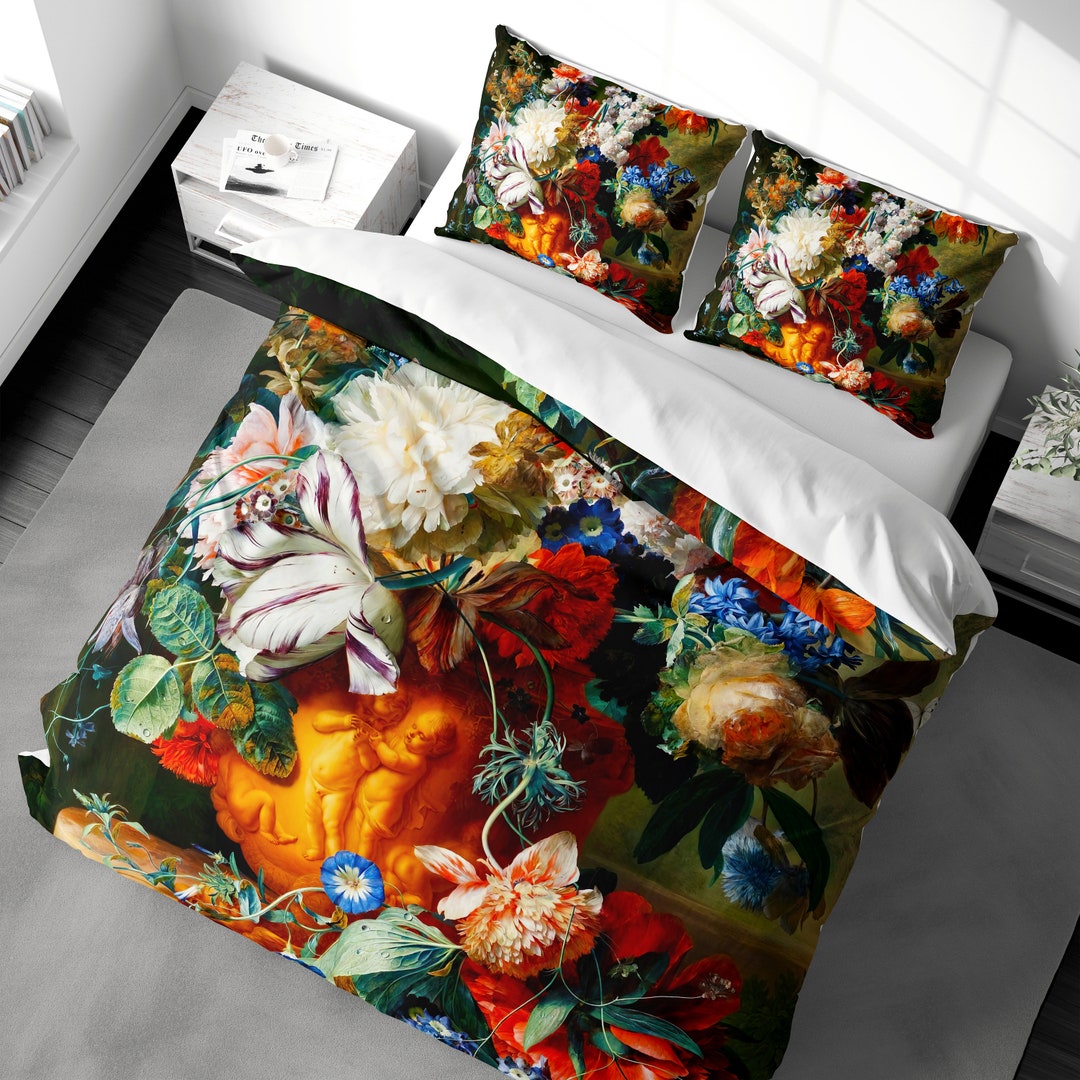 Painterly Dark Flower Duvet Cover Cottagecore Farmhouse Luxury Bedding ...