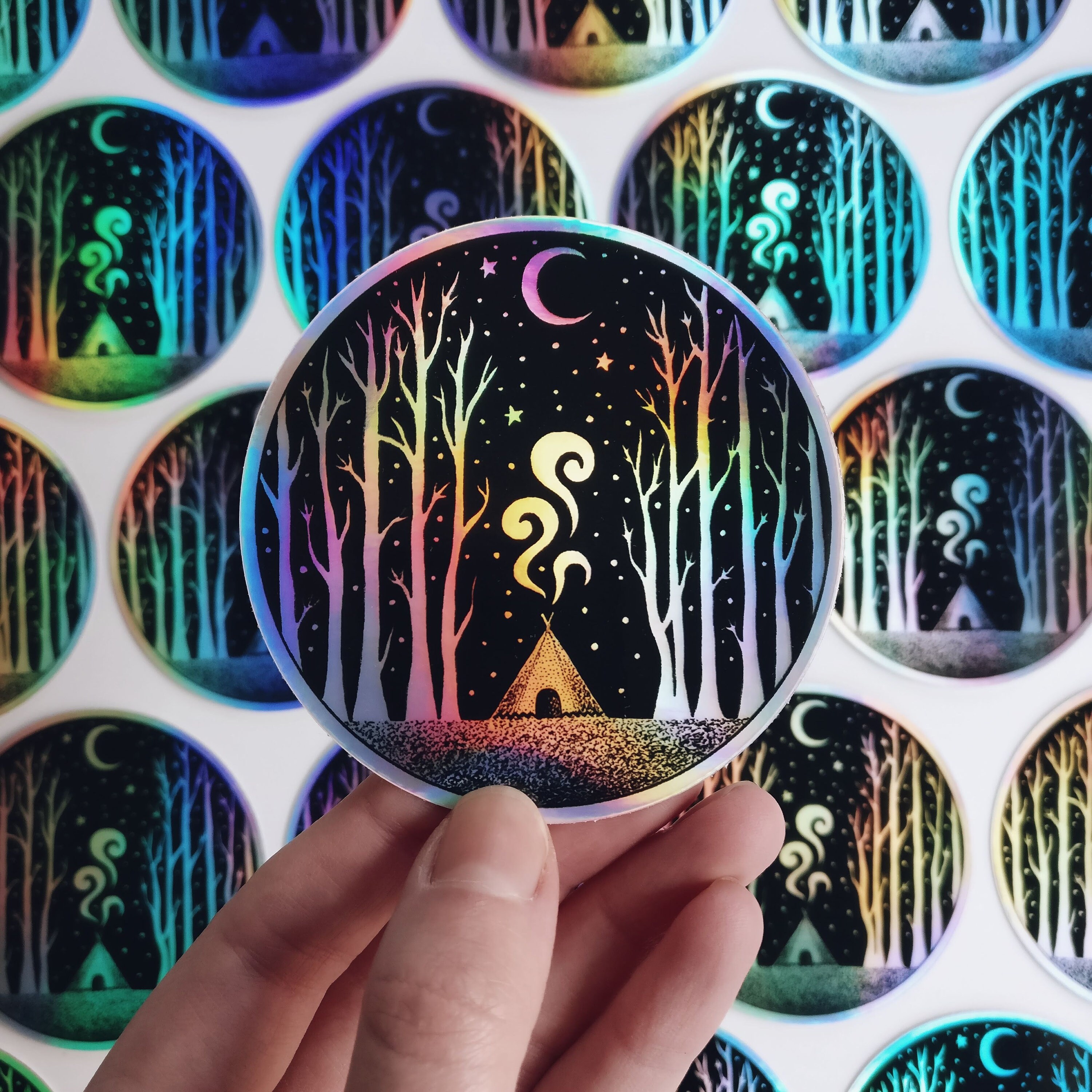 Holographic Tent in the Woods Sticker | Etsy
