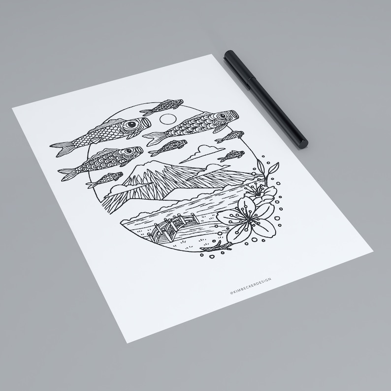 KOINOBORI FUJI JAPAN Printable Coloring Page Single Adult - Etsy