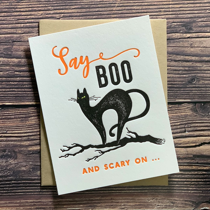 Say Boo and Scary On. Halloween Black Cat Card. Cute Halloween Card ...