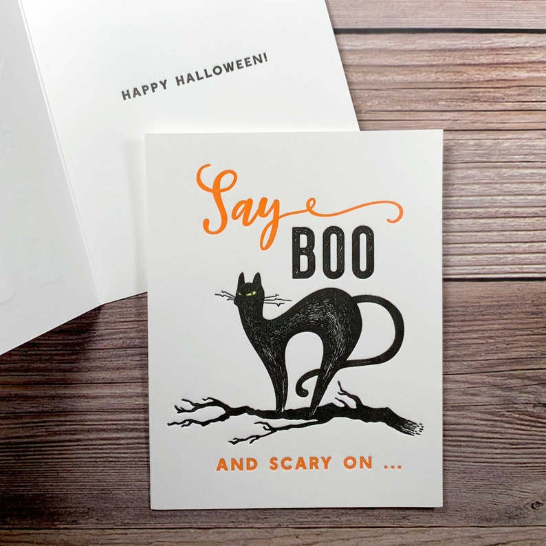 Say Boo and Scary On. Halloween Black Cat Card. Cute Halloween Card ...