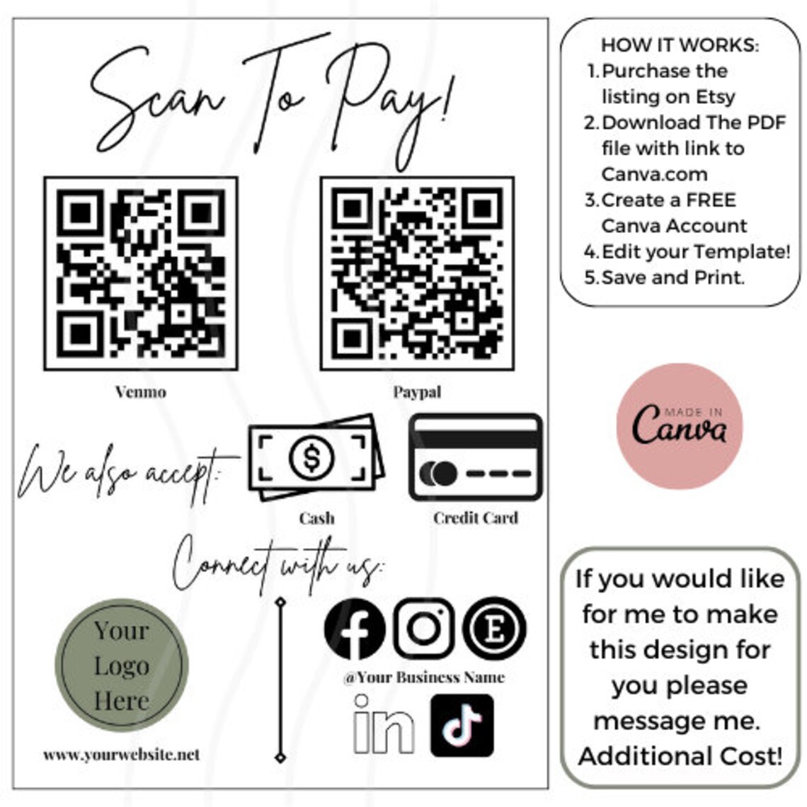 Editable Scan to Pay Card | Editable Canva Template | QR Code Sign ...