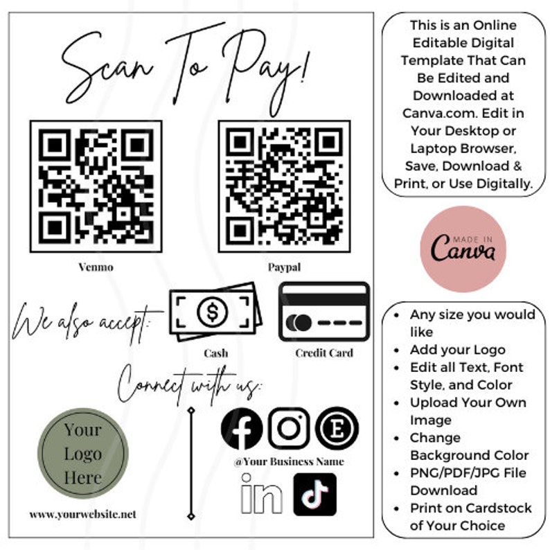 Editable Scan to Pay Card | Editable Canva Template | QR Code Sign ...