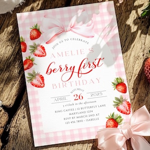 Pink Bow Berry First Birthday Invitation Template Girl Strawberry First ...