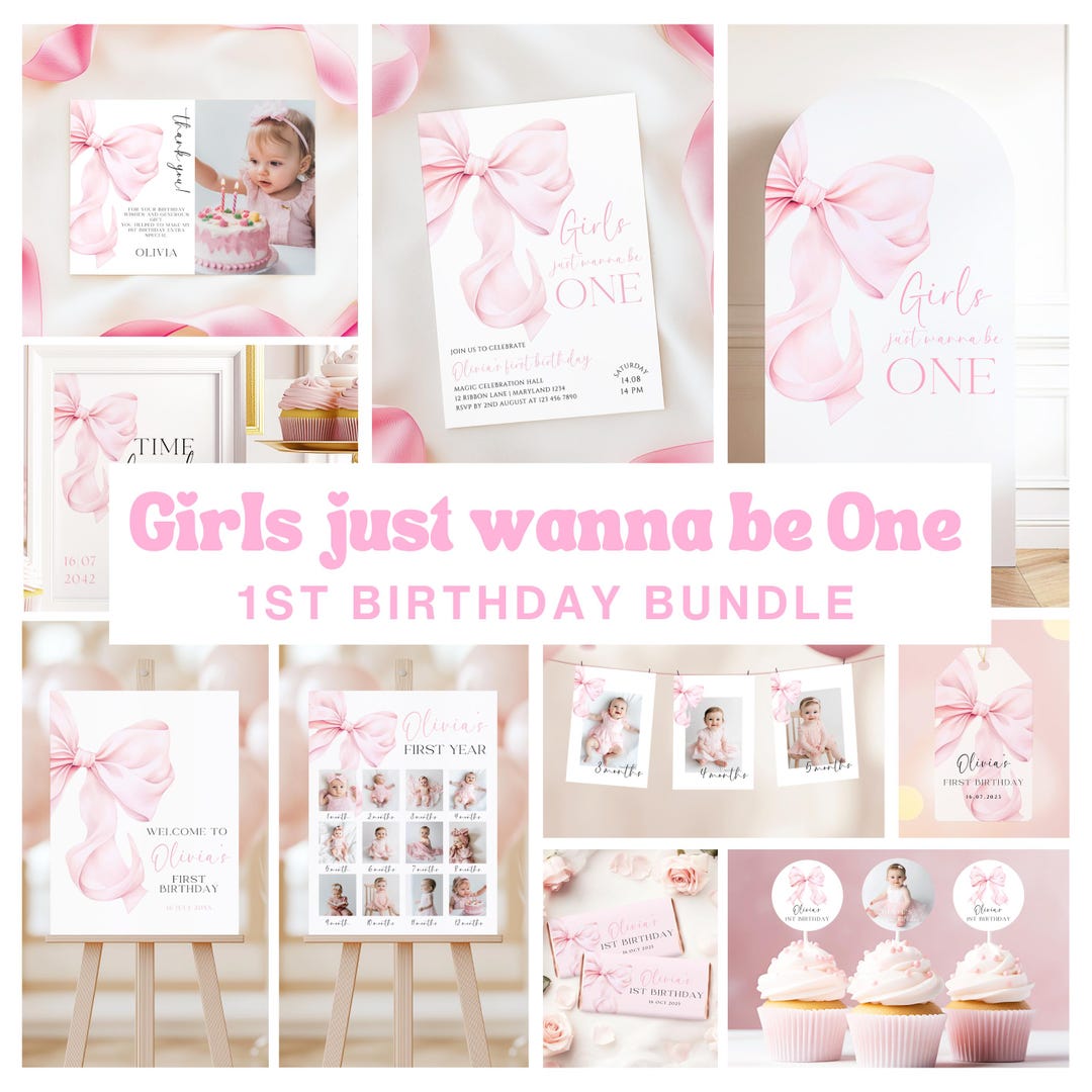 Girls Just Wanna Be ONE Pink Bow 1st Birthday BUNDLE Templates Girl ...