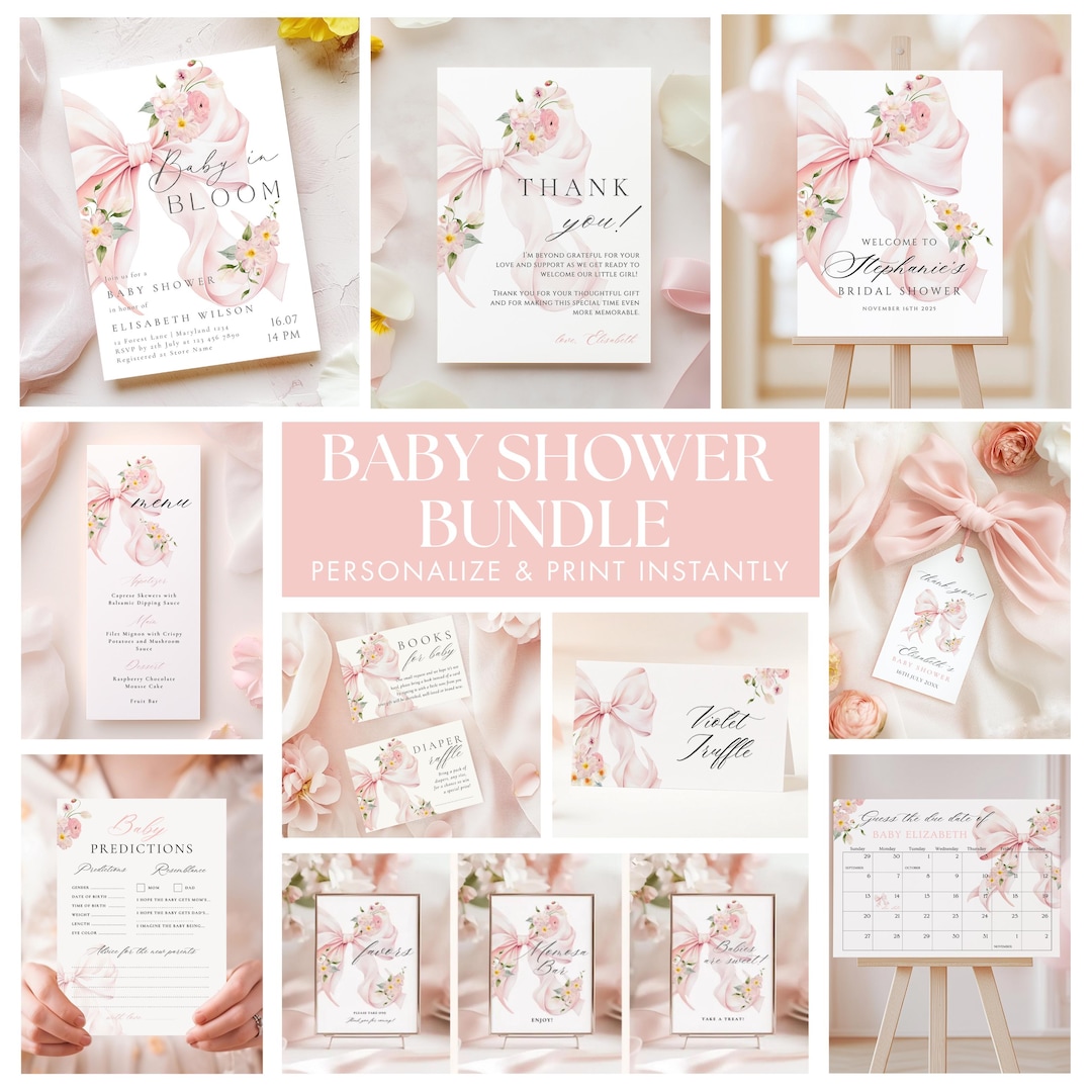 Pink Bow Baby in Bloom Baby Shower BUNDLE Template Baby Girl Floral ...