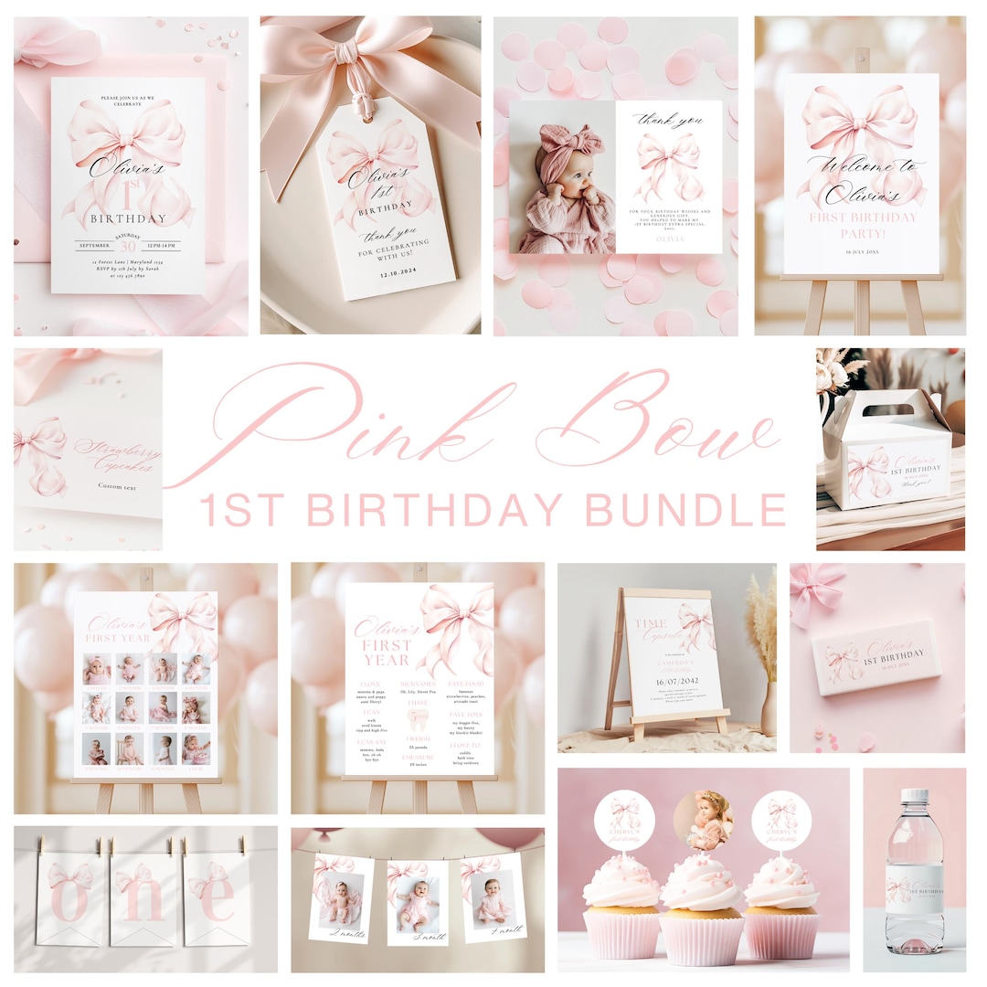 Pink Bow 1st Birthday MEGA BUNDLE Templates Baby Girl First Birthday ...