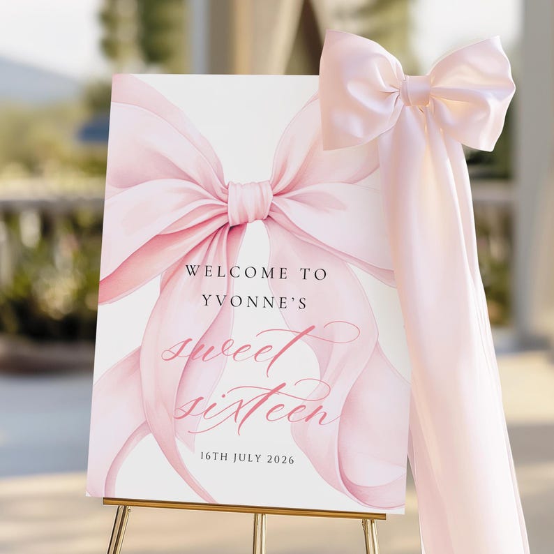 Pink Bow Sweet Sixteen 16th Birthday Welcome Sign Canva Template - Etsy