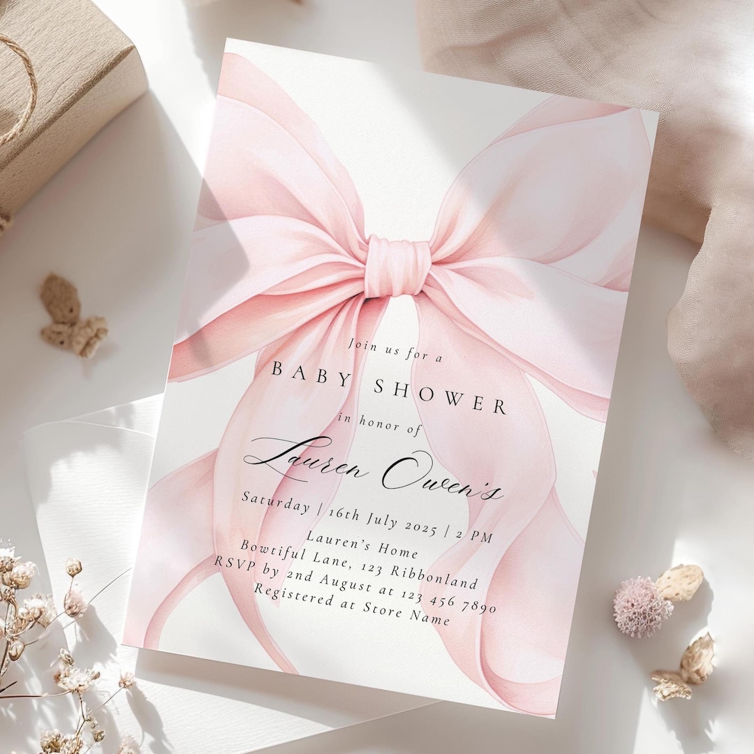 Blush Pink Bow Baby Shower Invitation Template Baby Girl Shower Canva ...