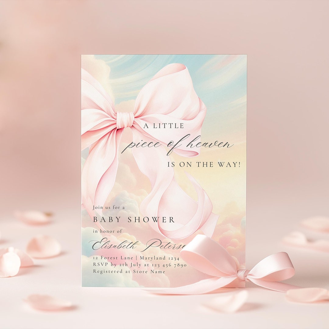 Little Piece of Heaven Pink Bow Baby Shower Invitation Template Baby ...