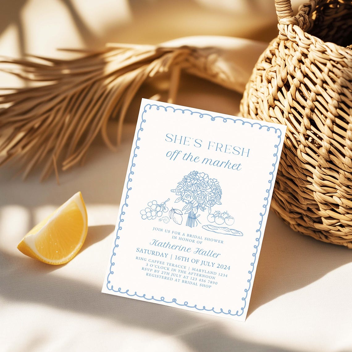 She's Fresh off the Market Bridal Shower Invitation Canva Template Hand ...