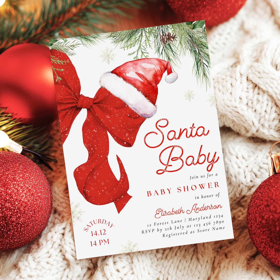 Santa Baby Shower Invitation Template Christmas Invite Red Bow Santa ...