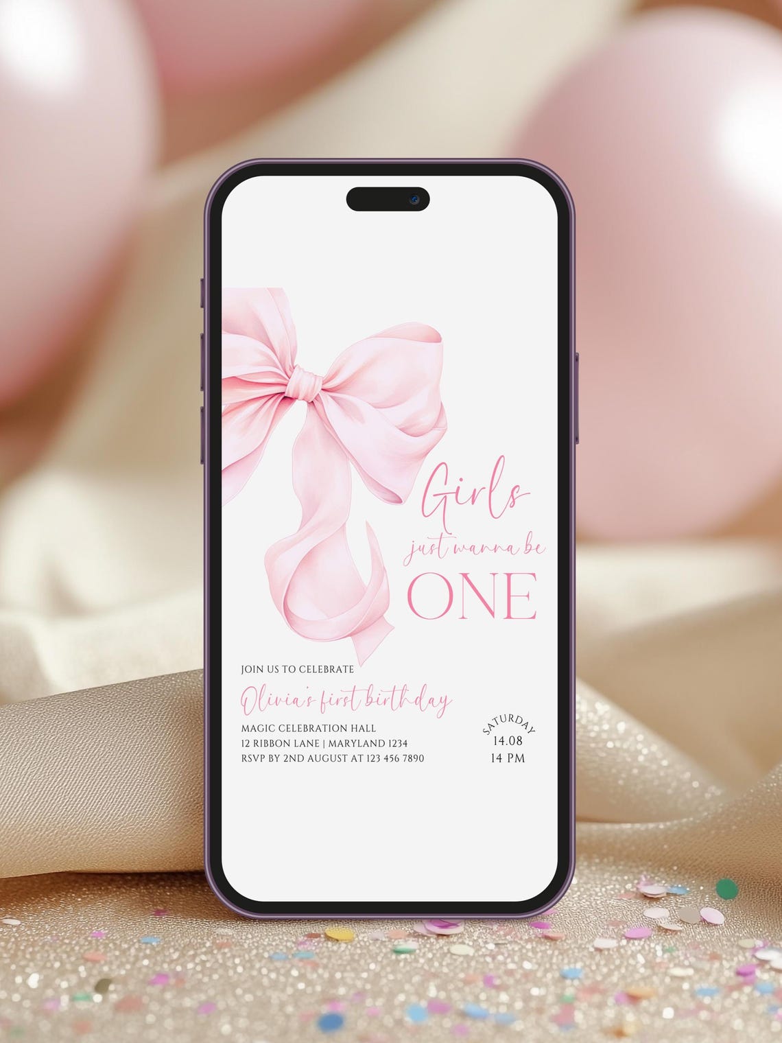 Girls Just Wanna Be One Coquette First Birthday Invite Pink Bow 1st ...