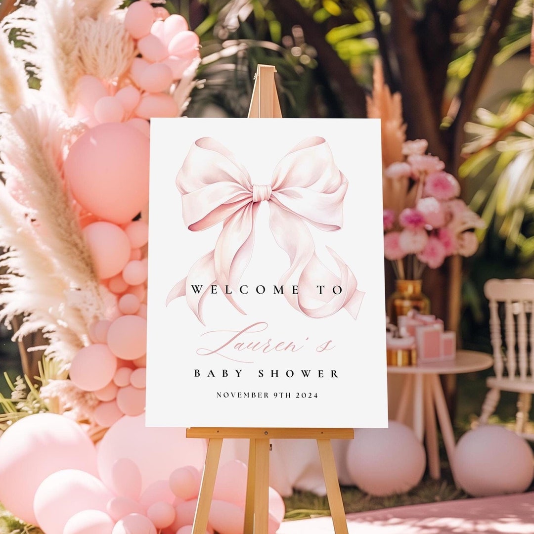 Pink Bow Baby Shower Welcome Sign Editable Canva Template Pink Coquette ...