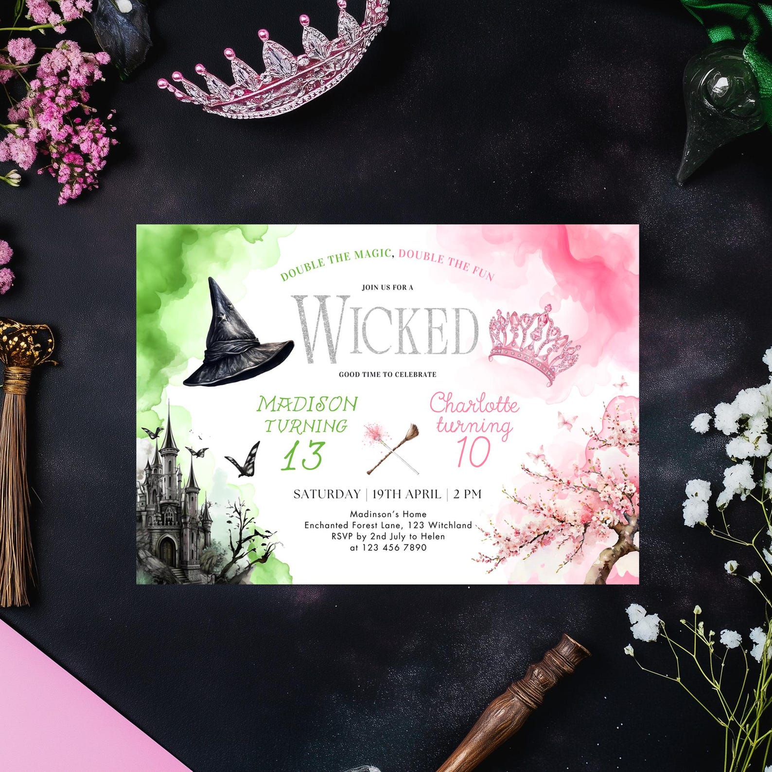 Wicked Good Time DOUBLE Birthday Invitation Template Witch Pink Tiara ...