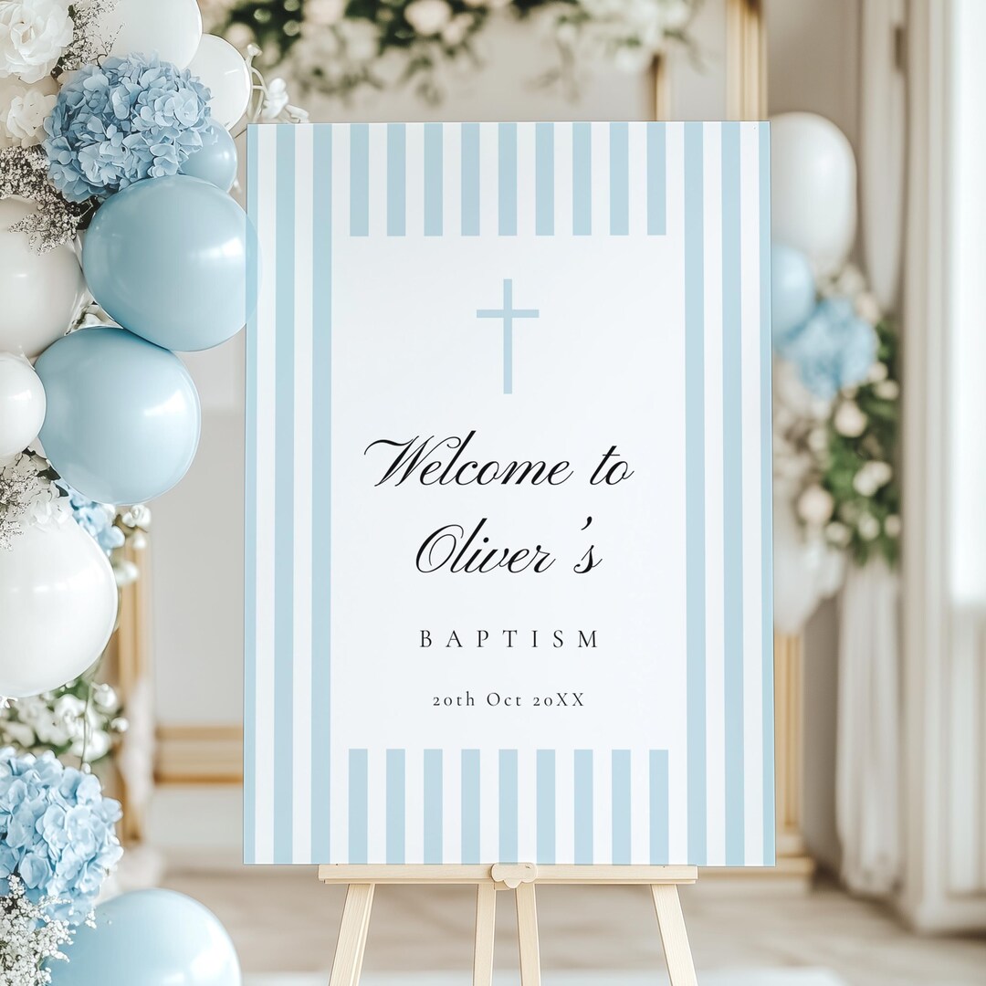 Baptism Welcome Sign Blue Stripes Cross Canva Template Christening ...
