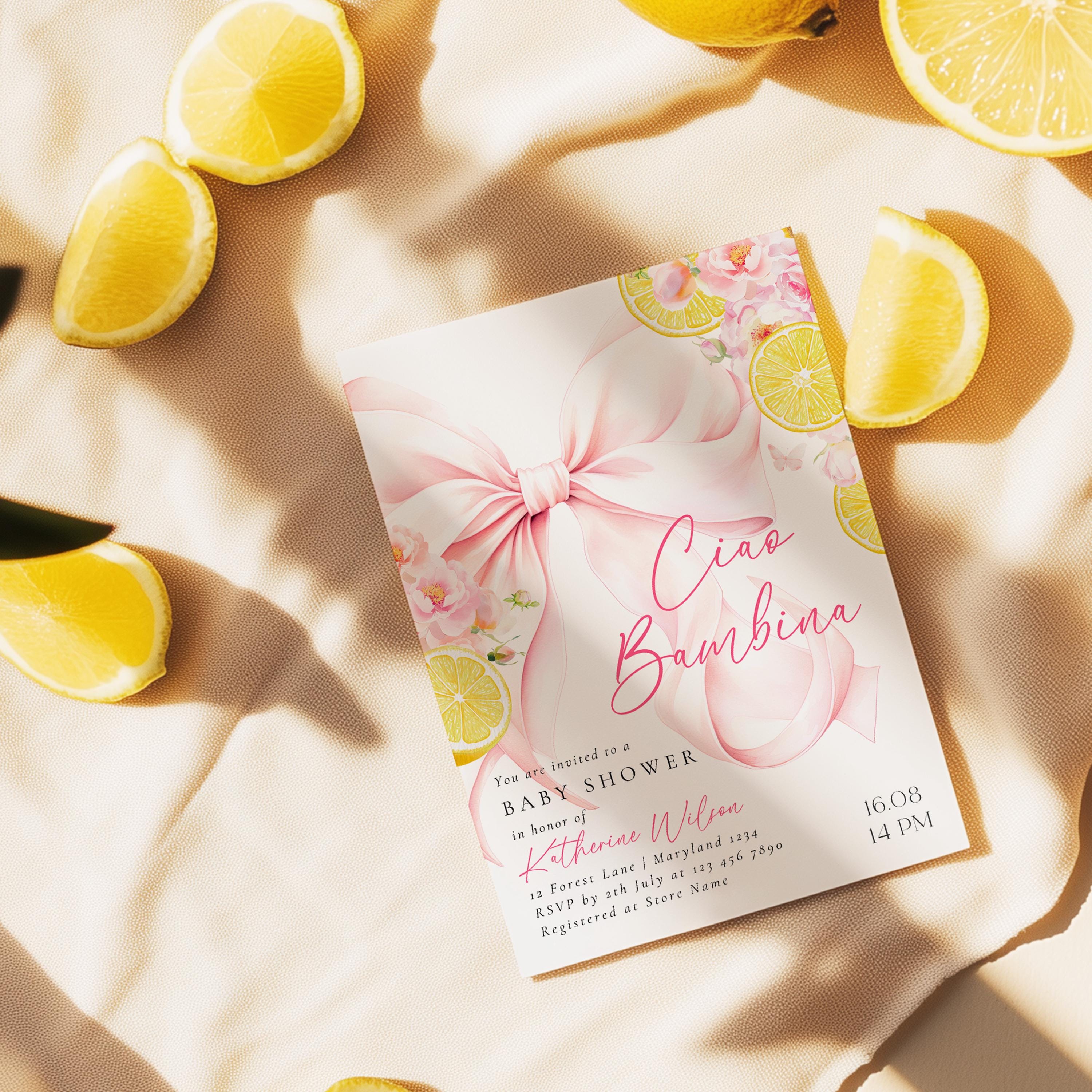 Pink Bow Baby Shower Invitation Citrus Sweet Little Girl Template ...