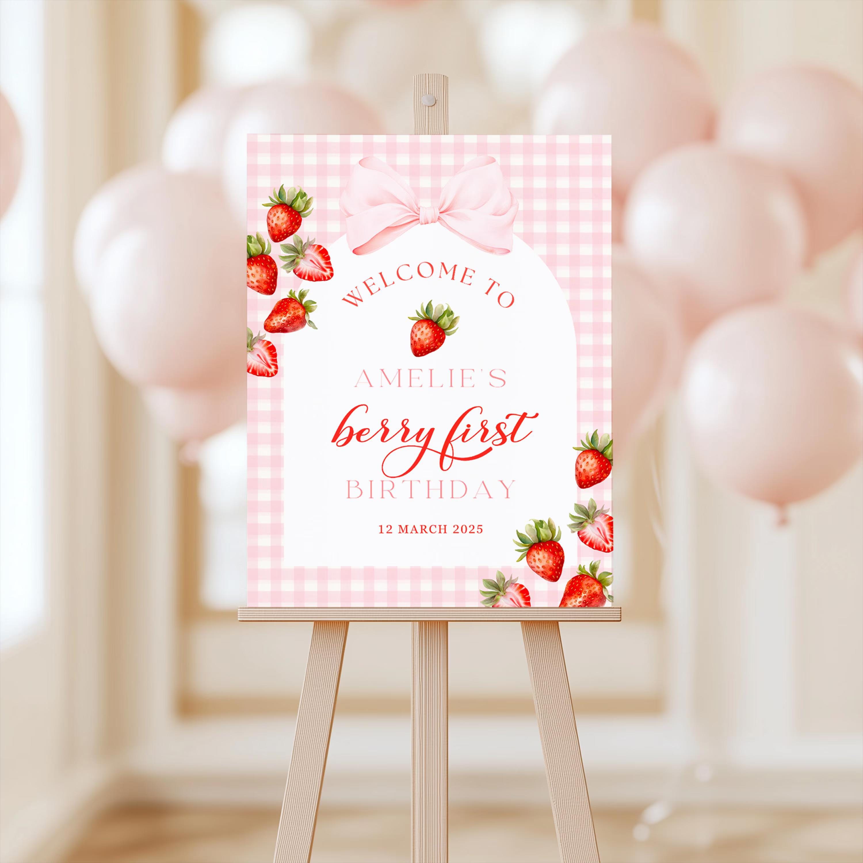 Berry First 1st Birthday Photo Board Poster Gingham Girl 1st Birthday ...