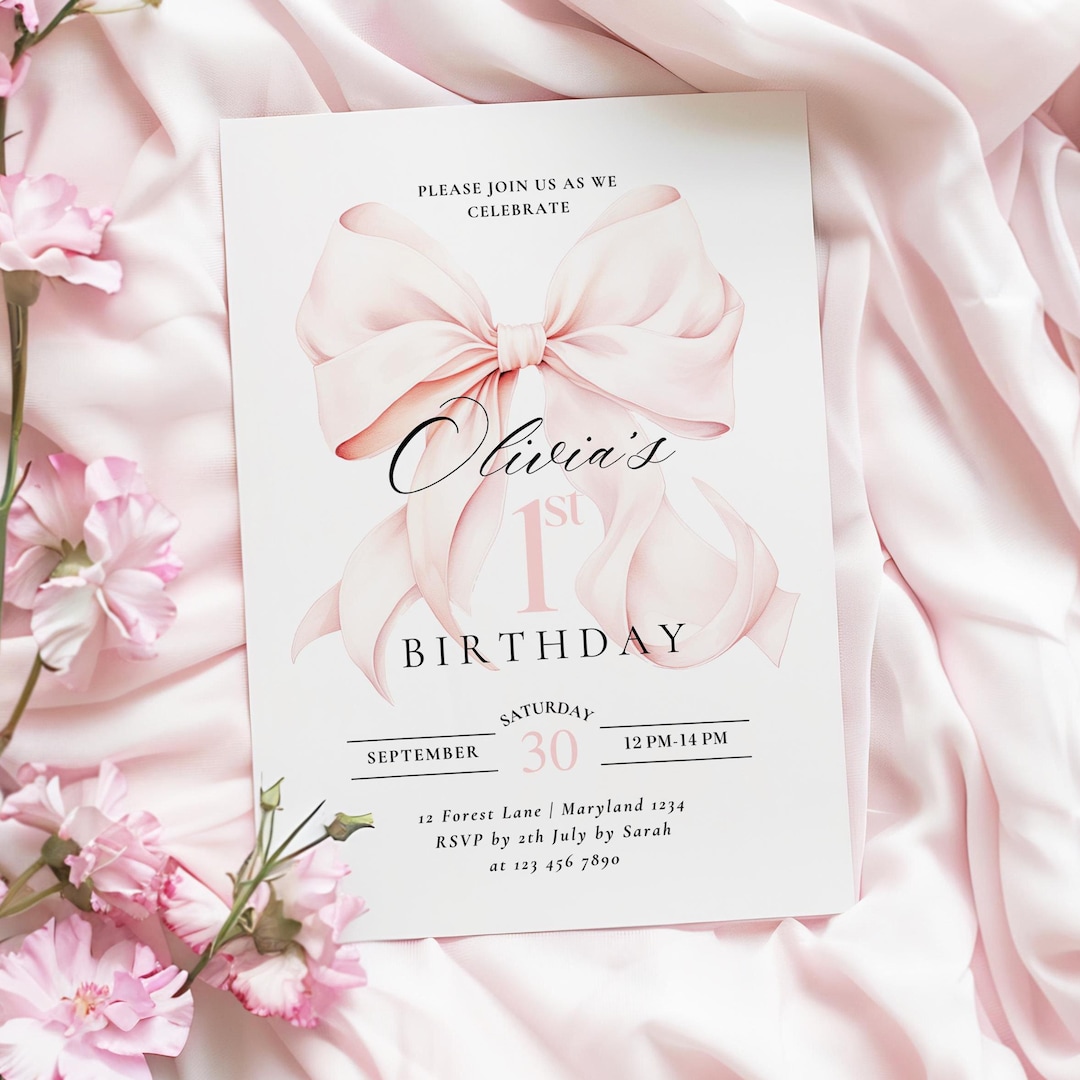 Pink Bow 1st Birthday Invitation Our Little is Turning One Girl First ...
