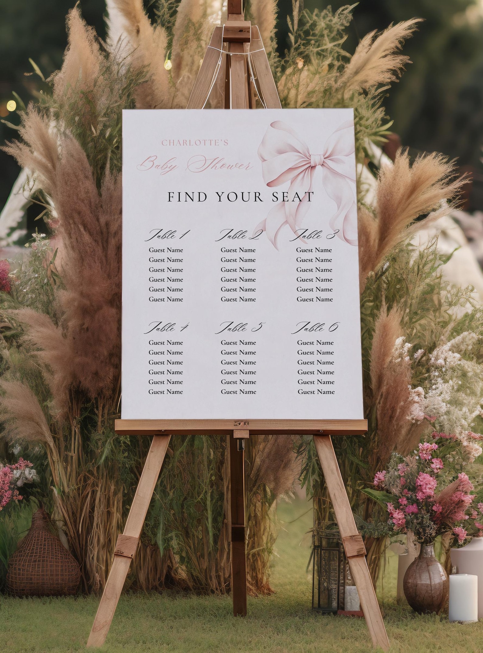 Pink Bow Baby Shower Seating Chart Editable Canva Template Pink ...