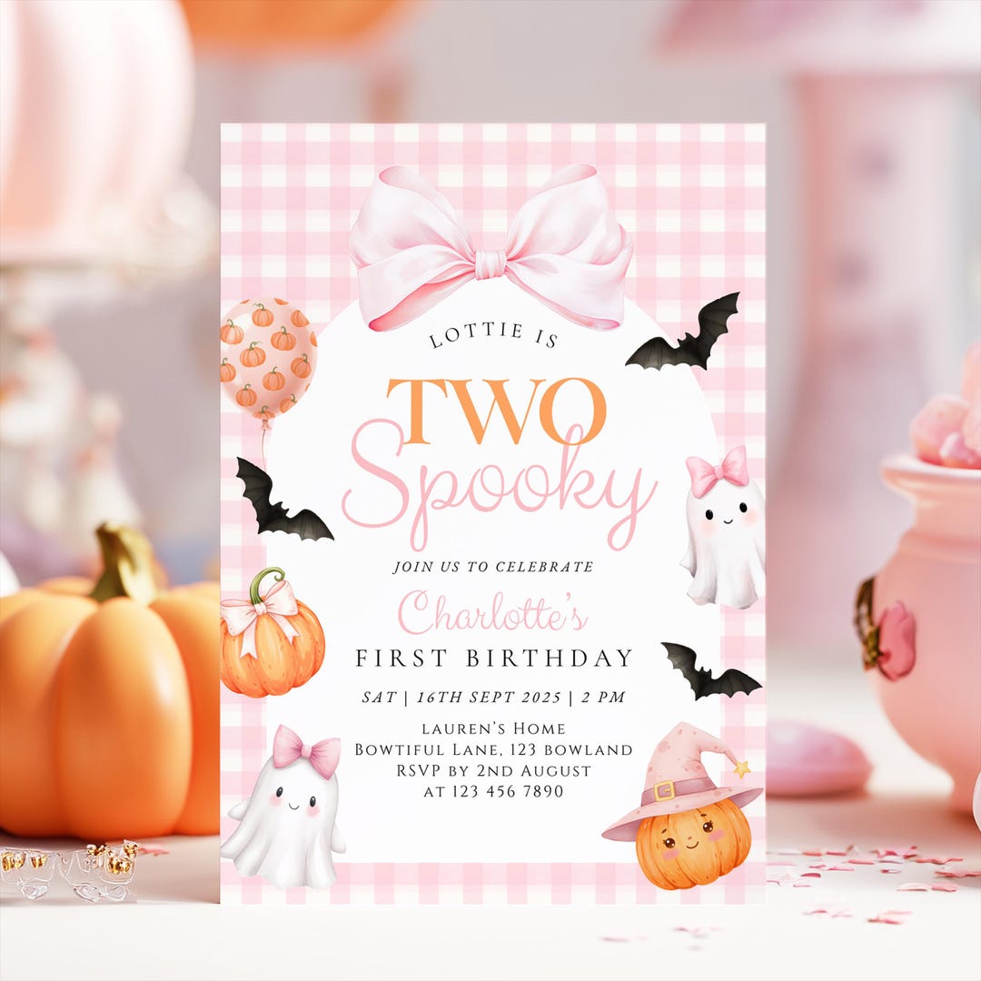 Spooky TWO Birthday Invitation: Pink Gingham, Bow, and Pumpkins ...