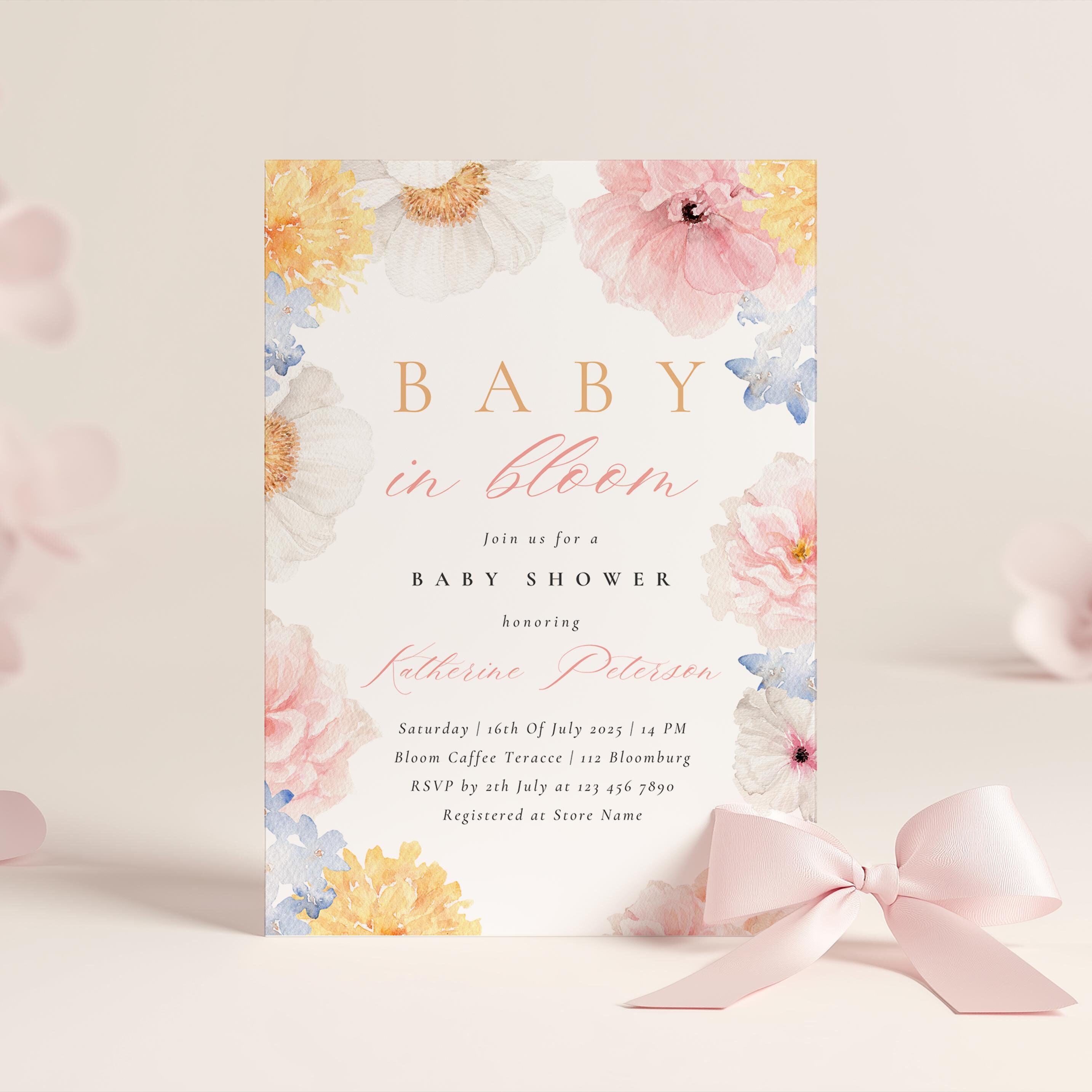 Pastel Watercolor Floral Baby in Bloom Baby Shower Invitation Template ...