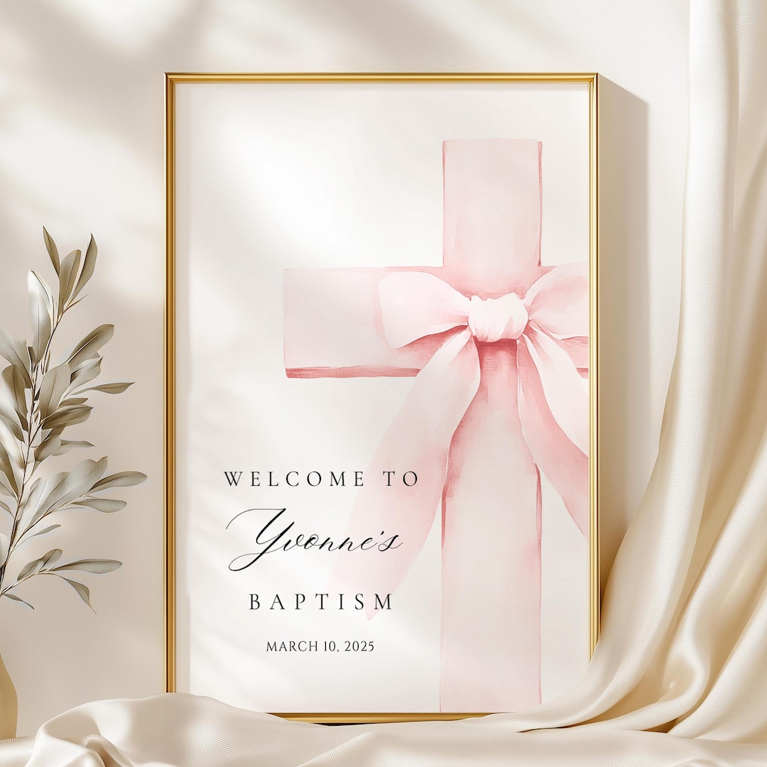 Baptism Welcome Sign Blush Pink Cross Bow Coquette Christening Girl ...
