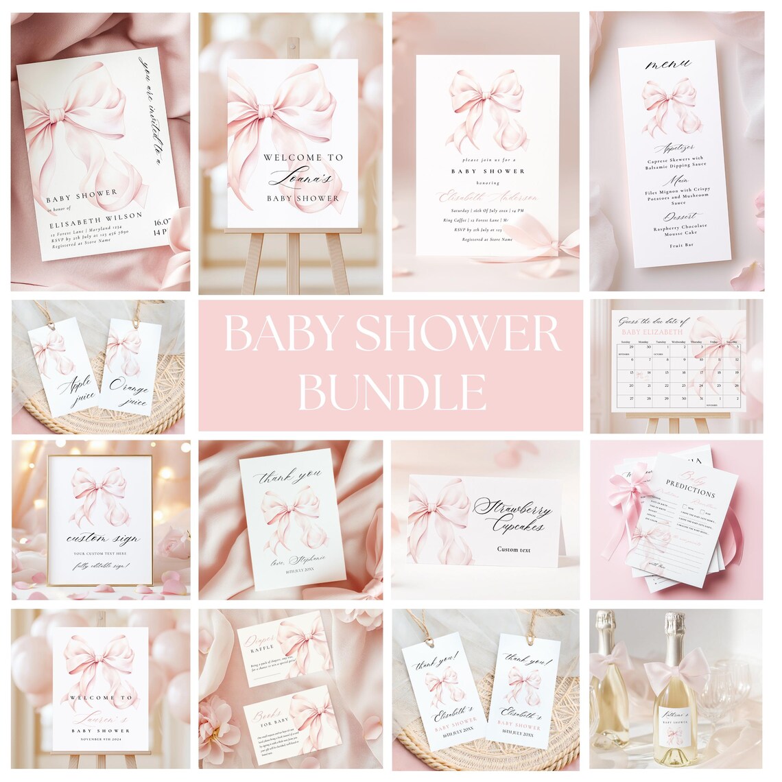 Pink Bow Bottle Service Menu Canva Template Baby Shower Mocktail Bar ...