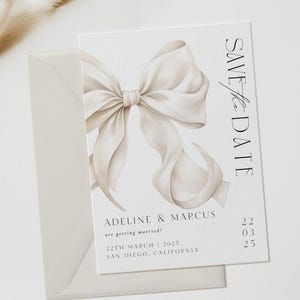 Ivory Bow Save the Date Card Template Elegant Modern Minimal Sleek ...